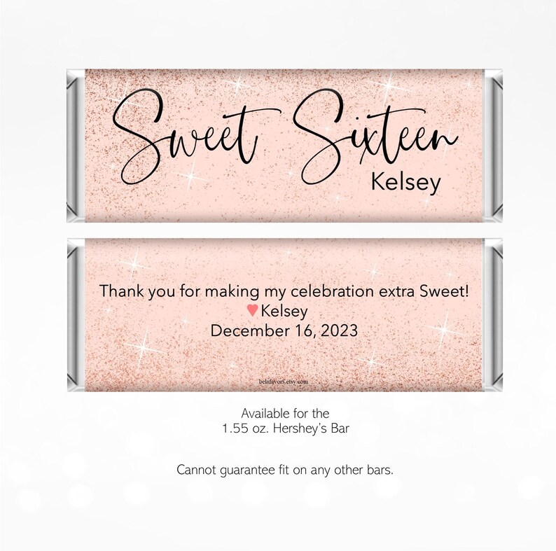 Printed Rose Gold Sweet 16 Candy Wrapper: Personalized Chocolate Party ...