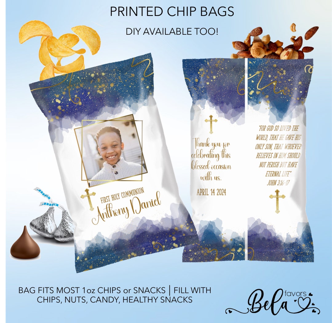 Printed or DIY First Holy Communion Custom Chip Bags Boys Blue and Gold ...