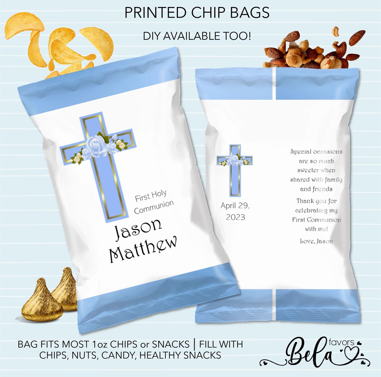 Printed or DIY First Holy Communion Custom Chip Bags Boys Blue and Gold ...