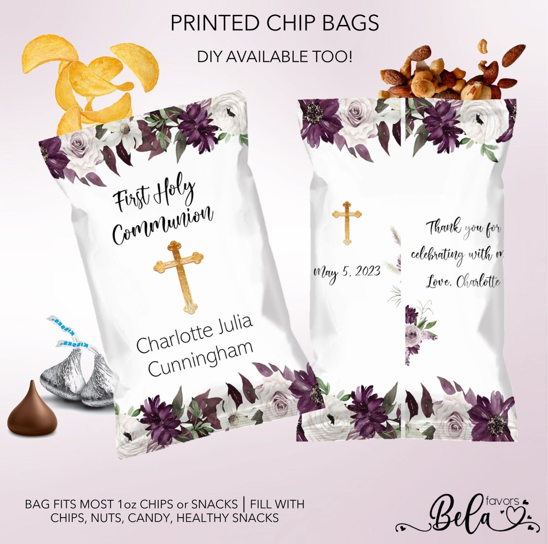 Printed or DIY First Holy Communion Custom Chip Bags Girl's Purple ...