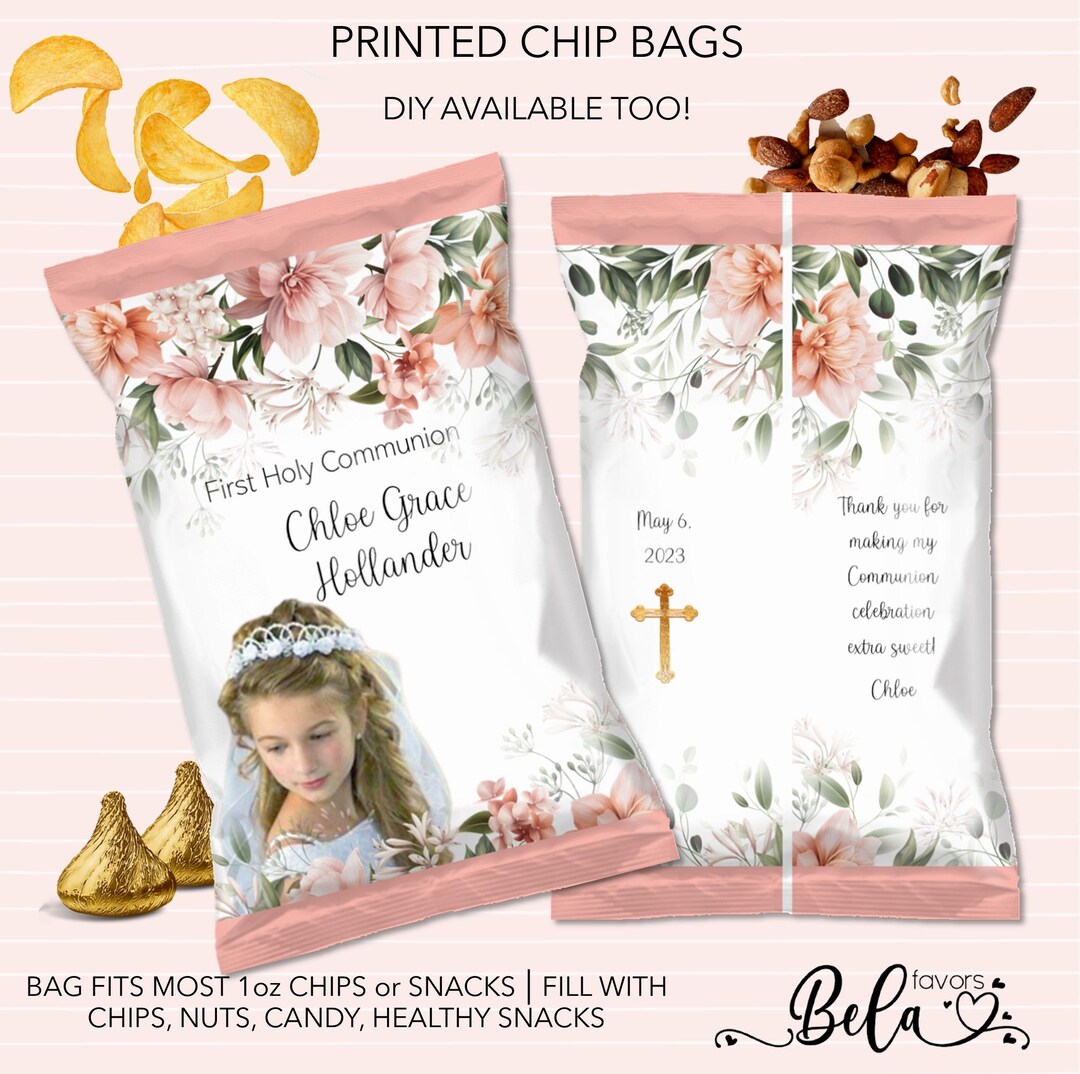 Printed or DIY Boho Floral Photo First Holy Communion Custom Chip Bags ...