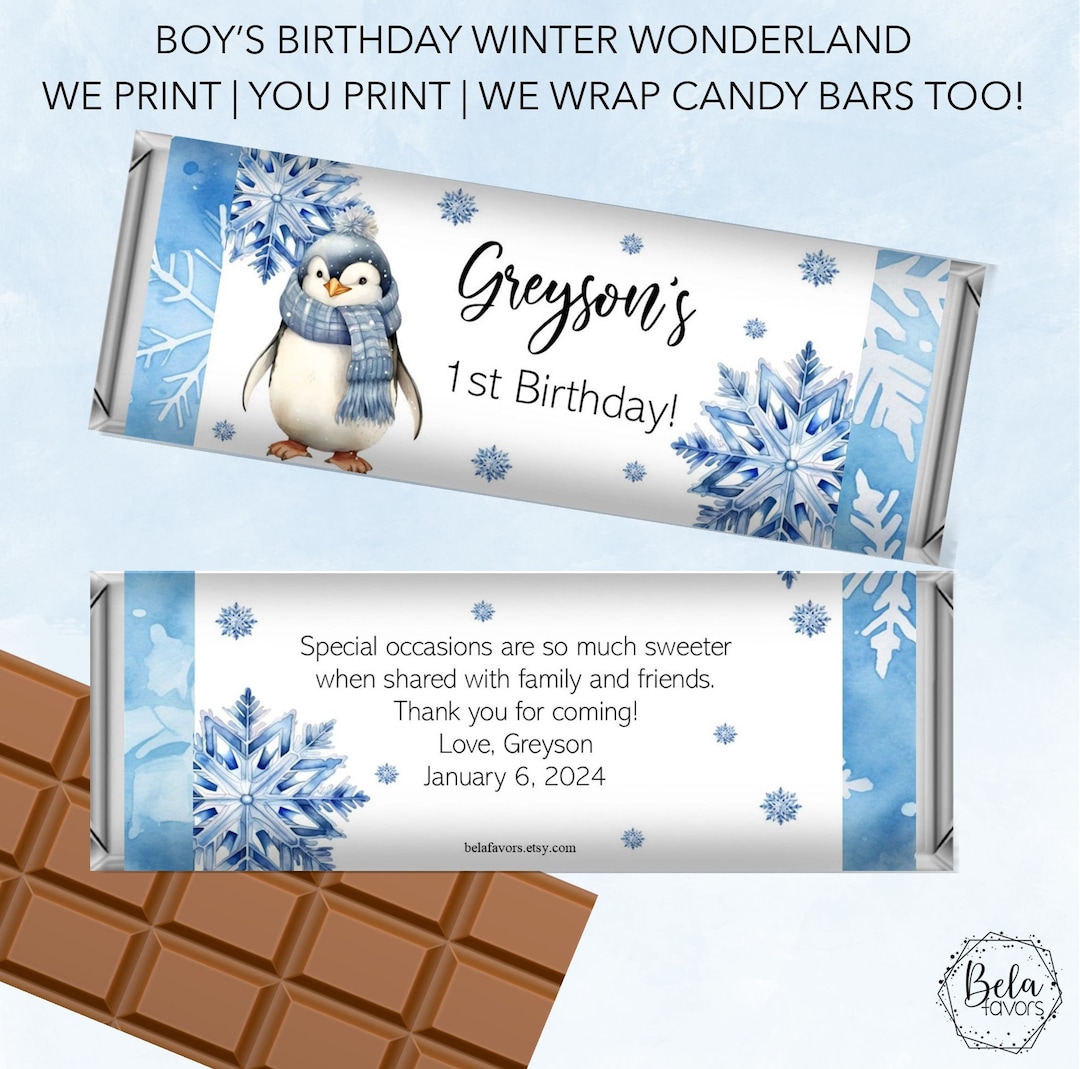 Blue Penguin Winter Boy's Birthday Party Favor | XMAS Custom Chocolate ...