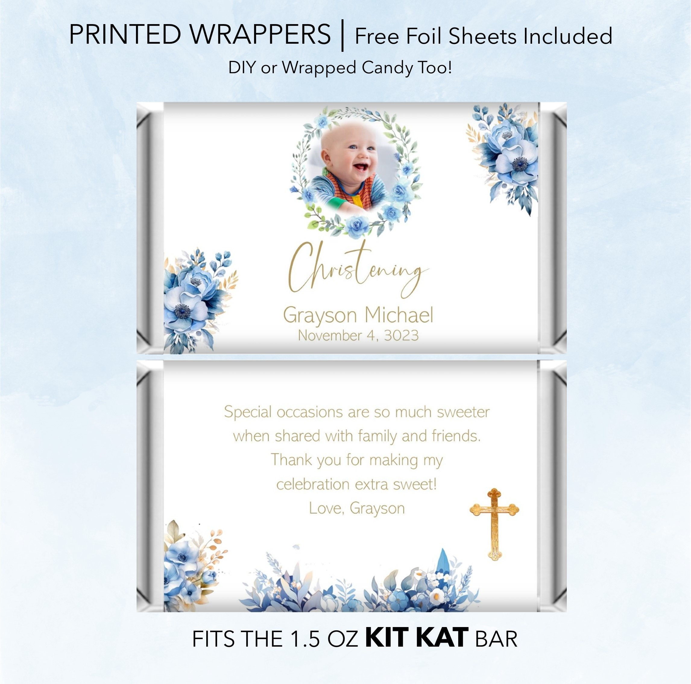 Printed or DIY Candy Wrappers Photo Blue Floral Christening Baptism ...