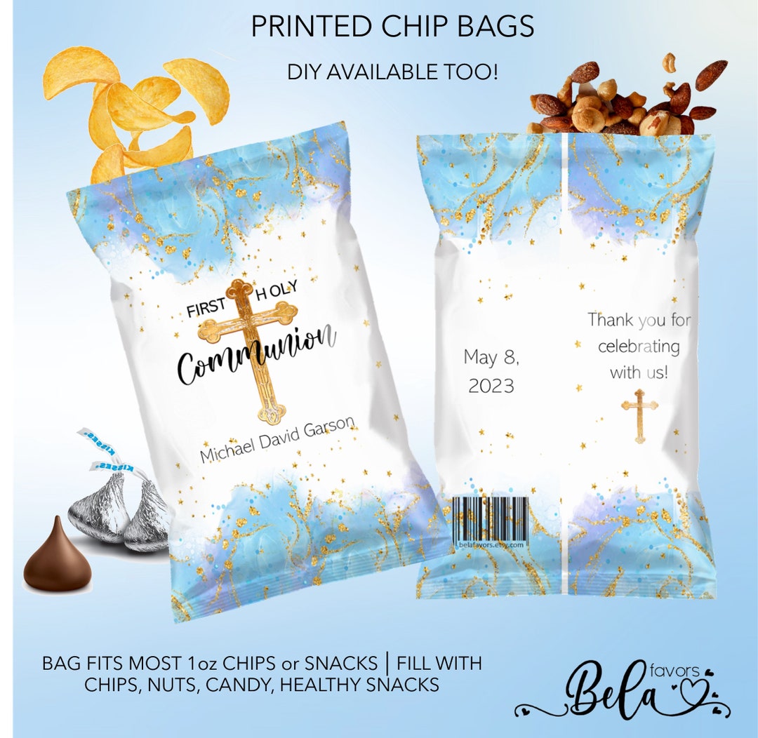 Printed or DIY First Holy Communion Custom Chip Bags Boys Blue and Gold ...