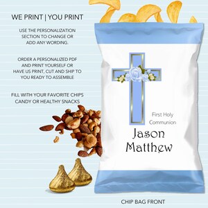 Printed or DIY First Holy Communion Custom Chip Bags Boys Blue and Gold ...