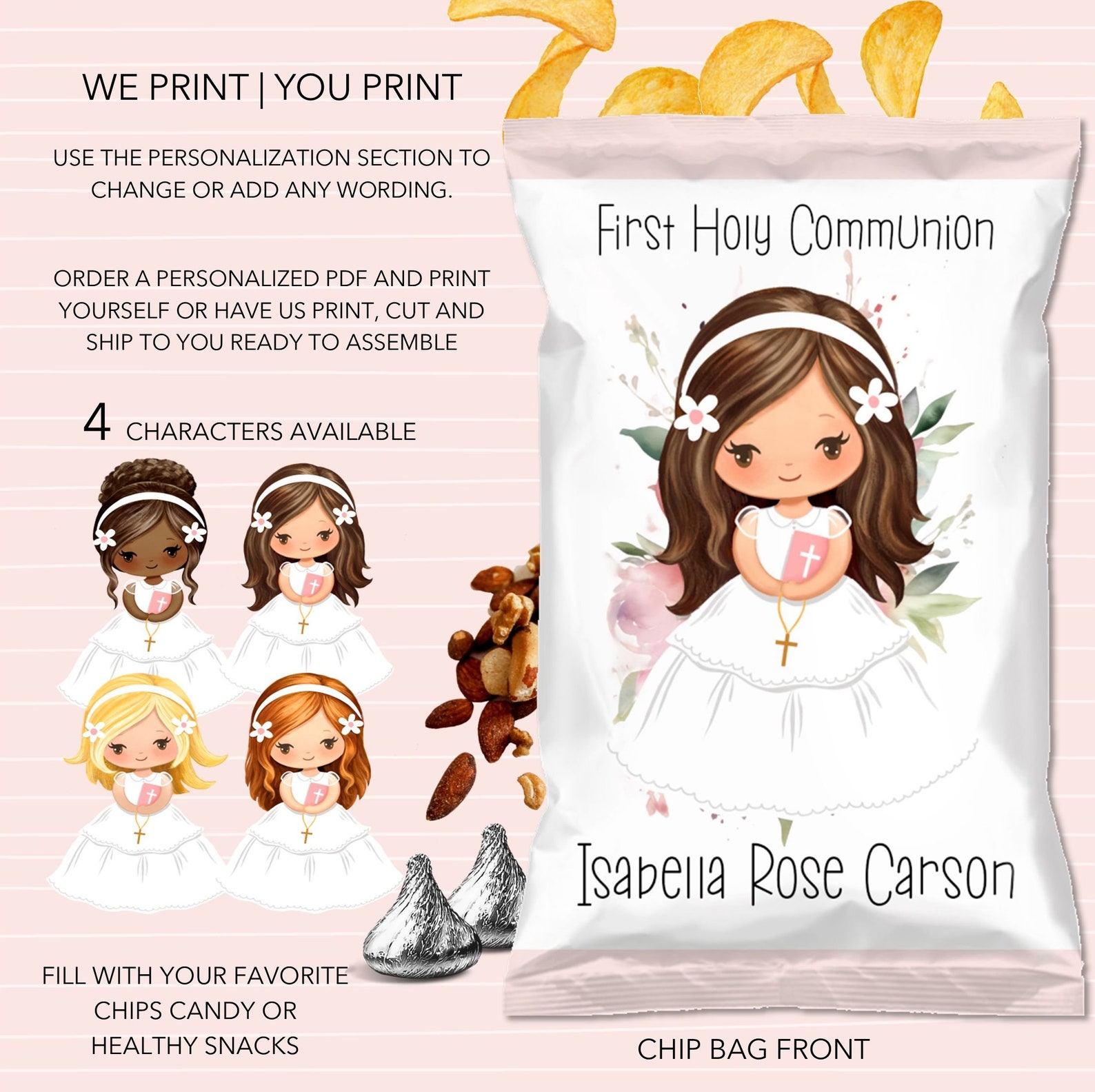 Printed or DIY First Holy Communion Custom Chip Bags Little Girls ...
