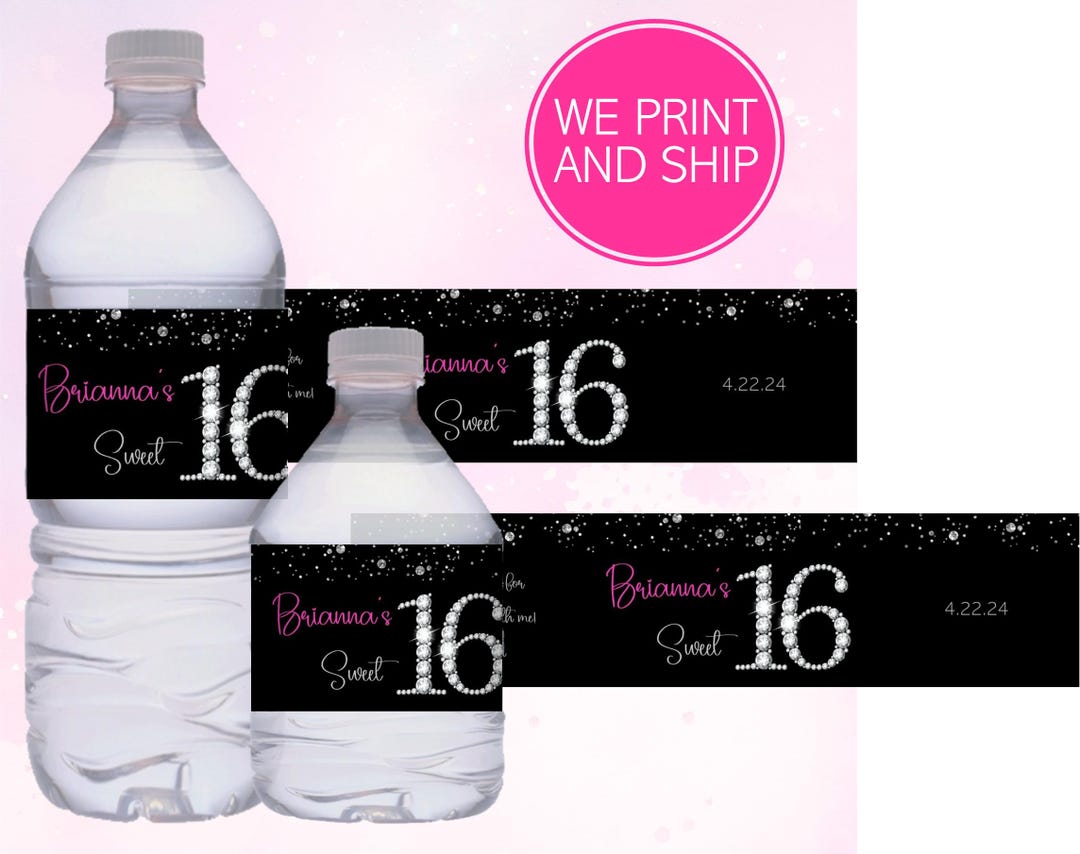 Bling! Pink & Black Sweet 16 Birthday Water Bottle Labels | Custom ...