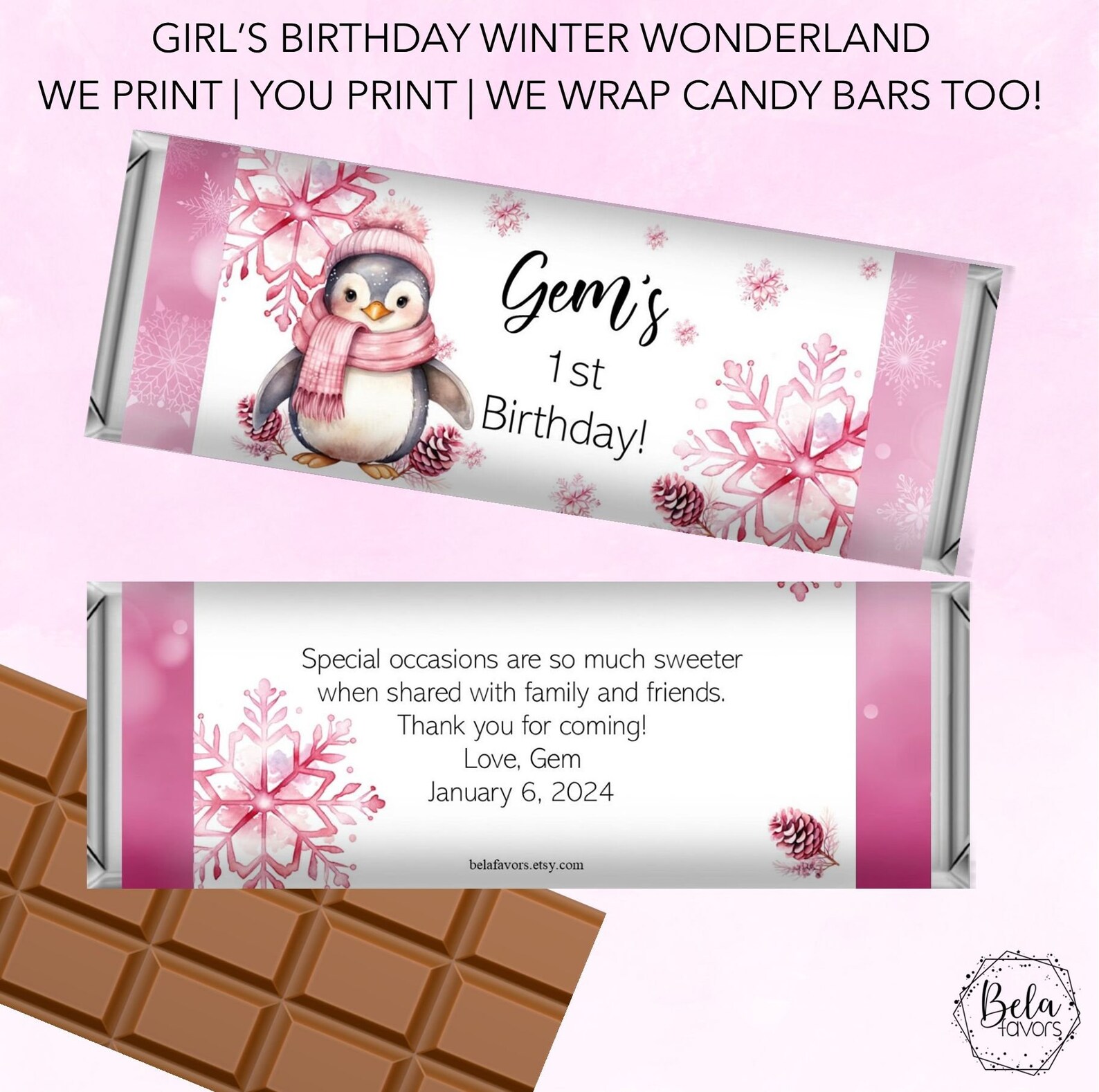 Pink Penguin Winter Girl Birthday Party Favor | XMAS Custom Chocolate ...