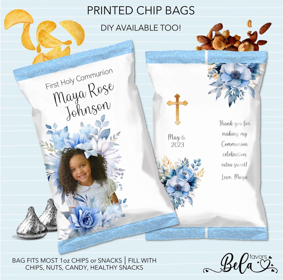Printed or DIY Girl's First Holy Communion Custom Chip Bags Blue Roses ...
