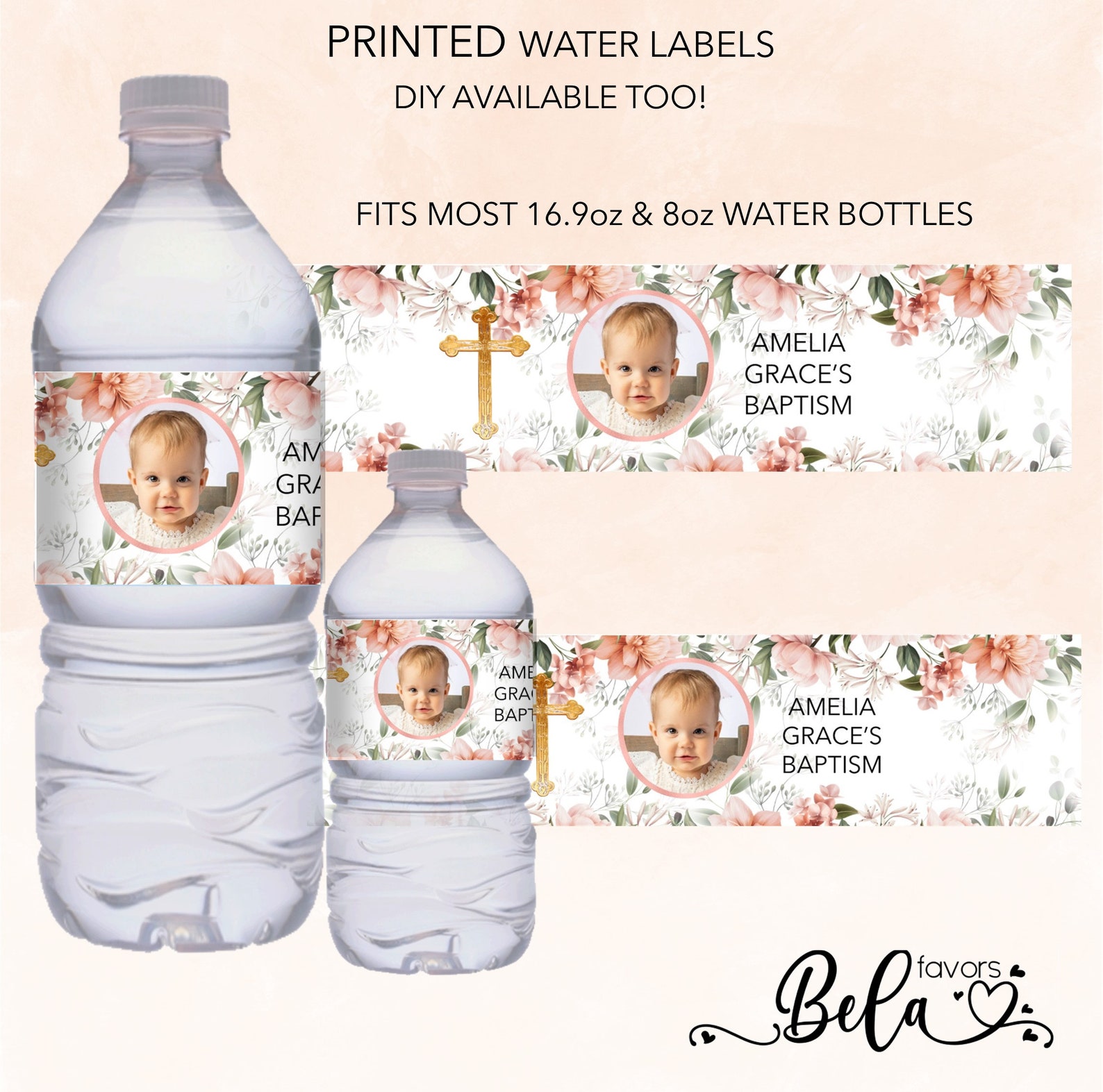 Boho Floral Baptism Christening Water Bottle Labels | Waterproof Peel ...