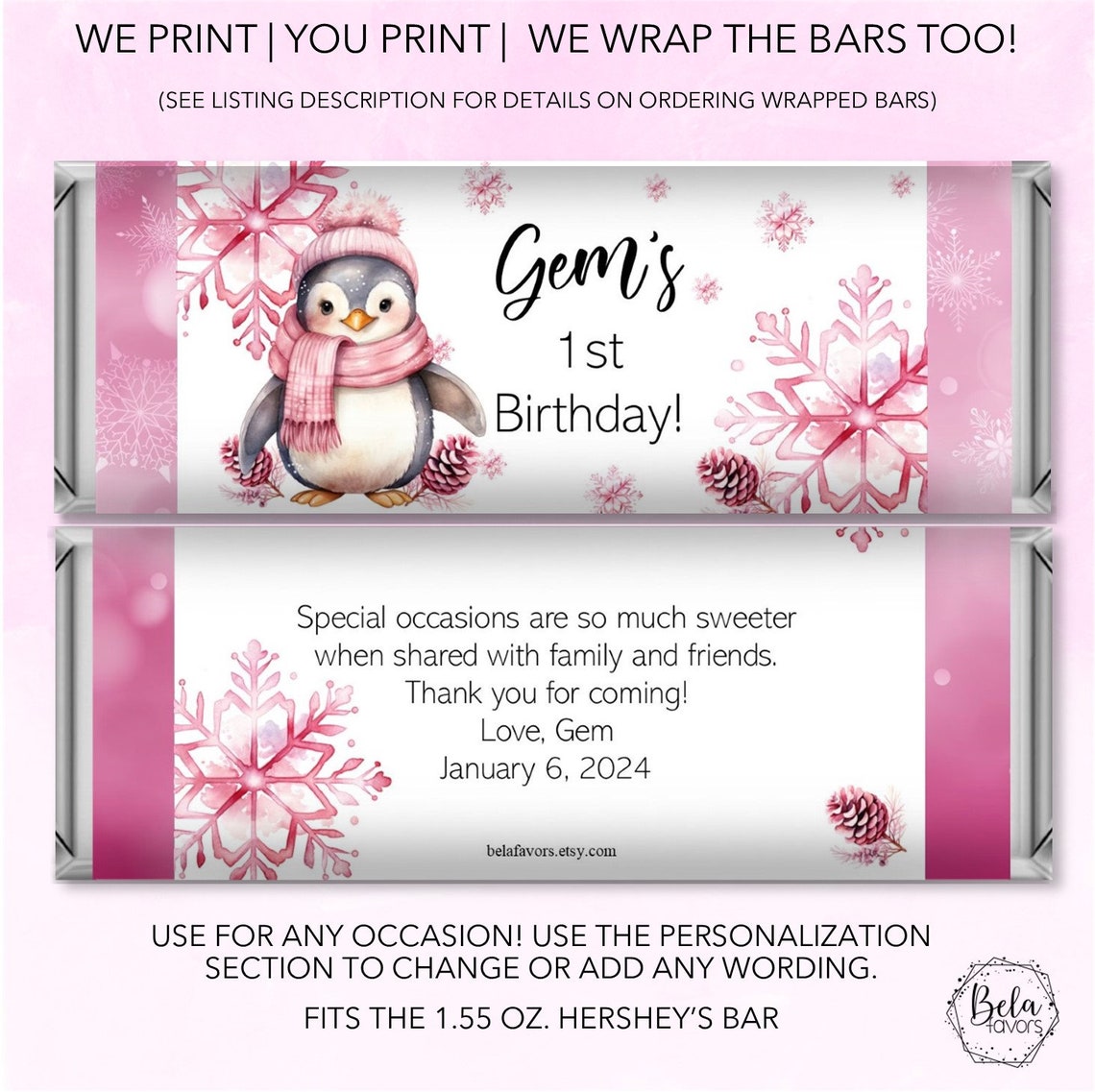 Pink Penguin Winter Girl Birthday Party Favor | XMAS Custom Chocolate ...