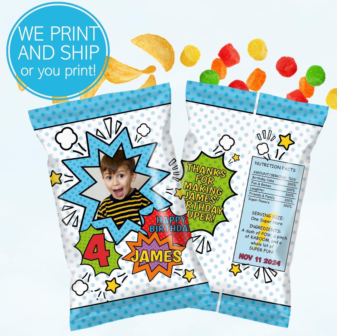 Printed Super Hero Boy's Birthday Party Favors, Superhero Personalized ...