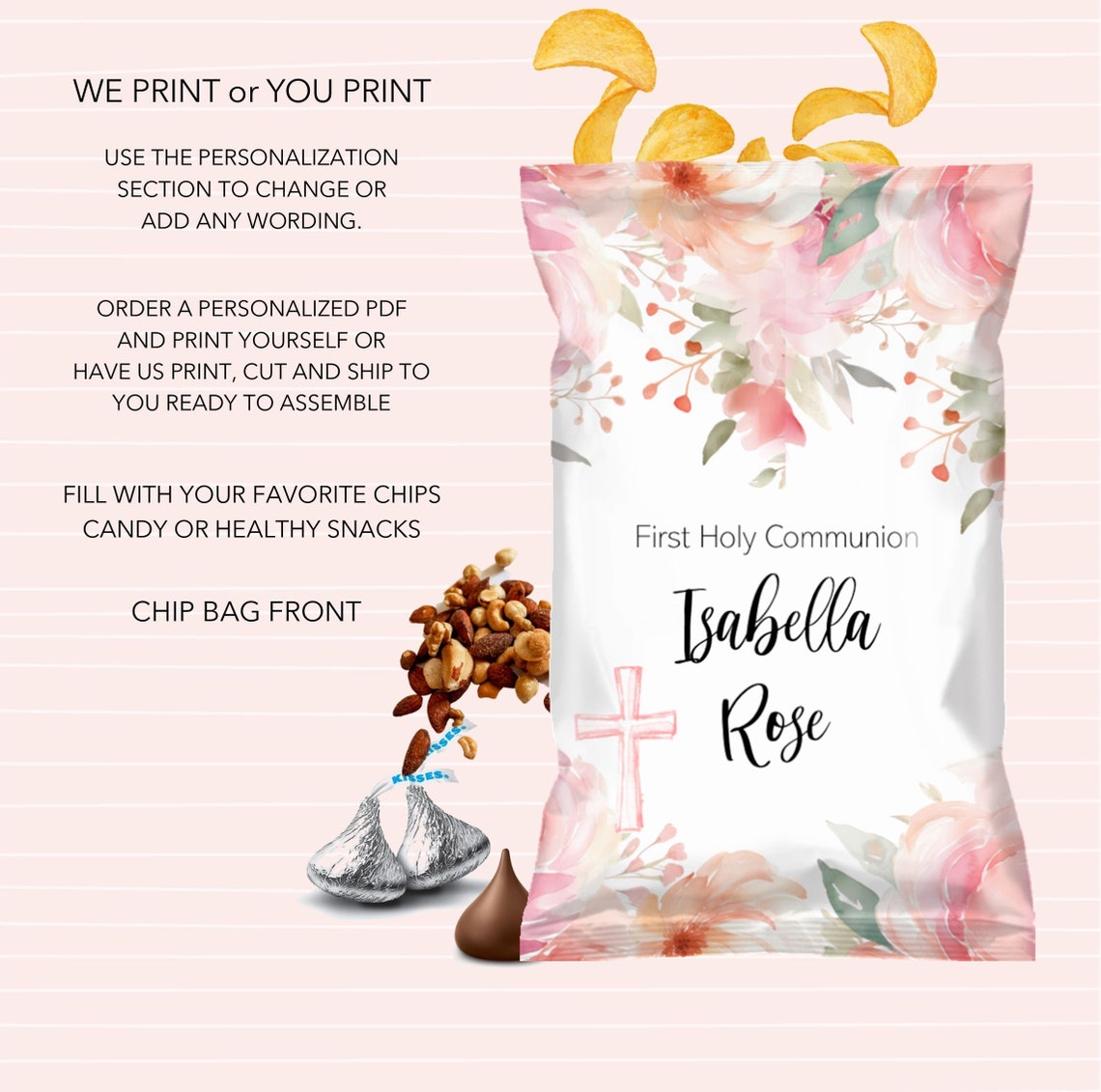 Printed or DIY First Holy Communion Custom Chip Bags Girl's Pink Peach ...
