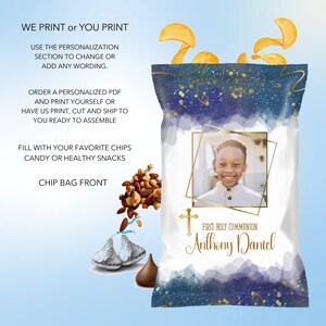 Printed or DIY First Holy Communion Custom Chip Bags Boys Blue and Gold ...