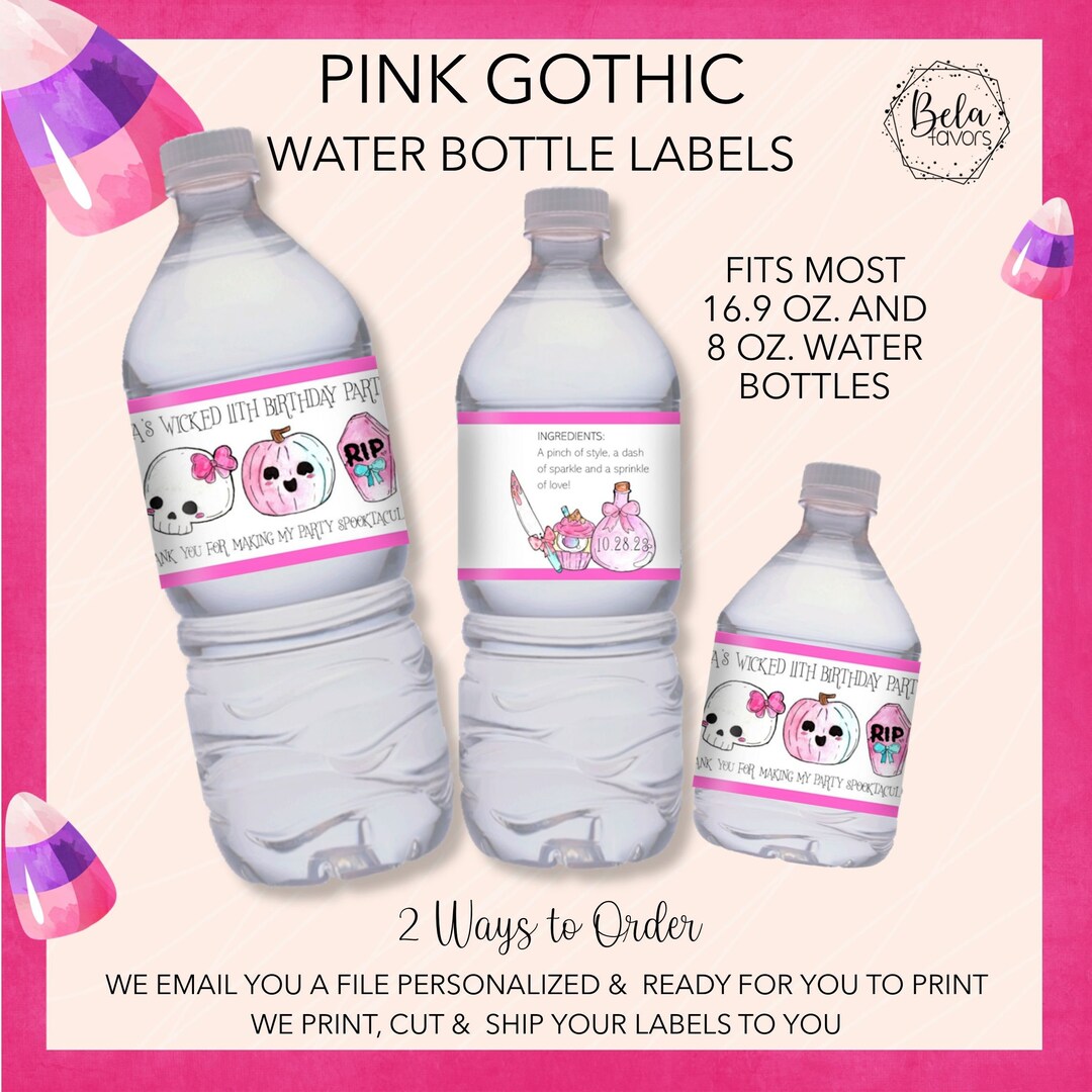 Goth Pink Girl's Birthday Halloween Party Favors | Water Bottle Labels ...