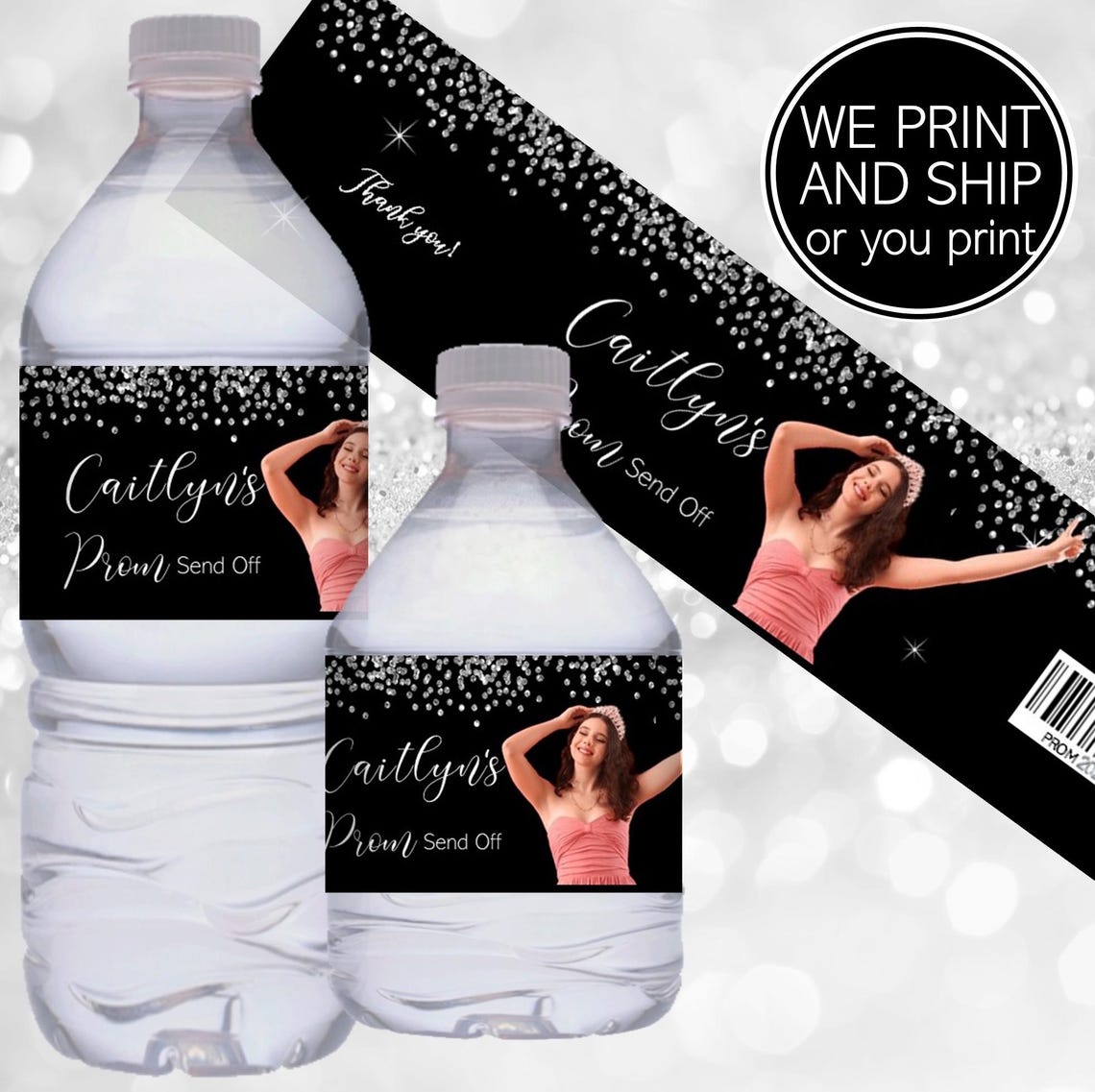 Prom Send off Water Bottle Labels: Custom Photo, Silver & Black (set of ...