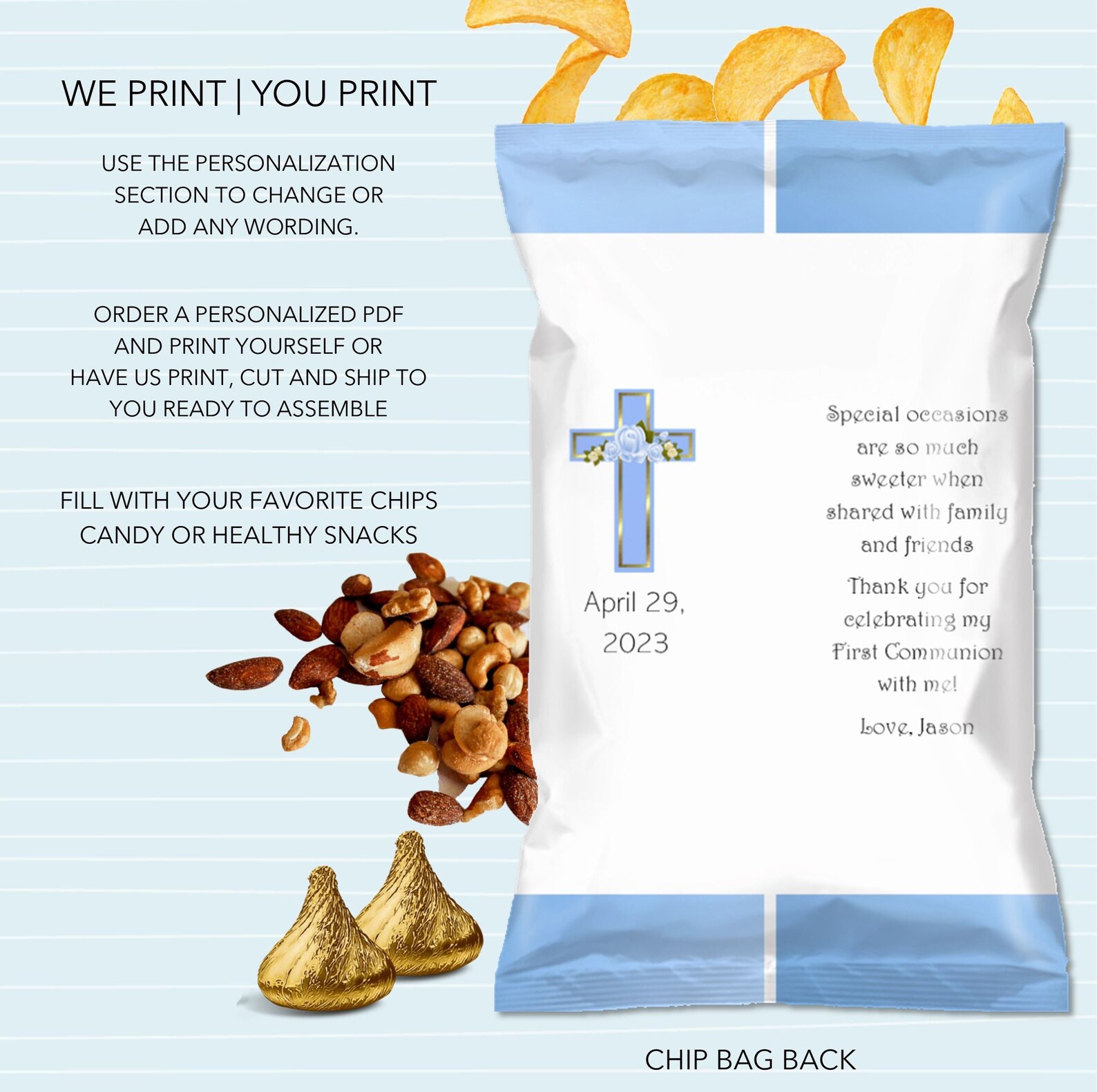 Printed or DIY First Holy Communion Custom Chip Bags Boys Blue and Gold ...