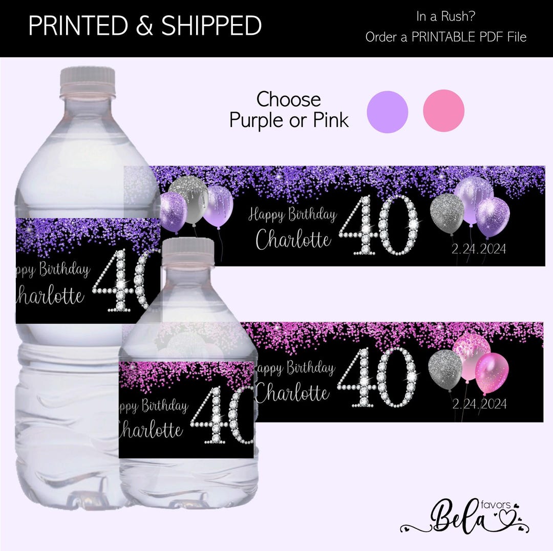 Bling! Purple or Pink Silver Woman's Birthday Water Bottle Labels | Any ...