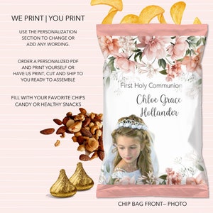 Printed or DIY Boho Floral Photo First Holy Communion Custom Chip Bags ...