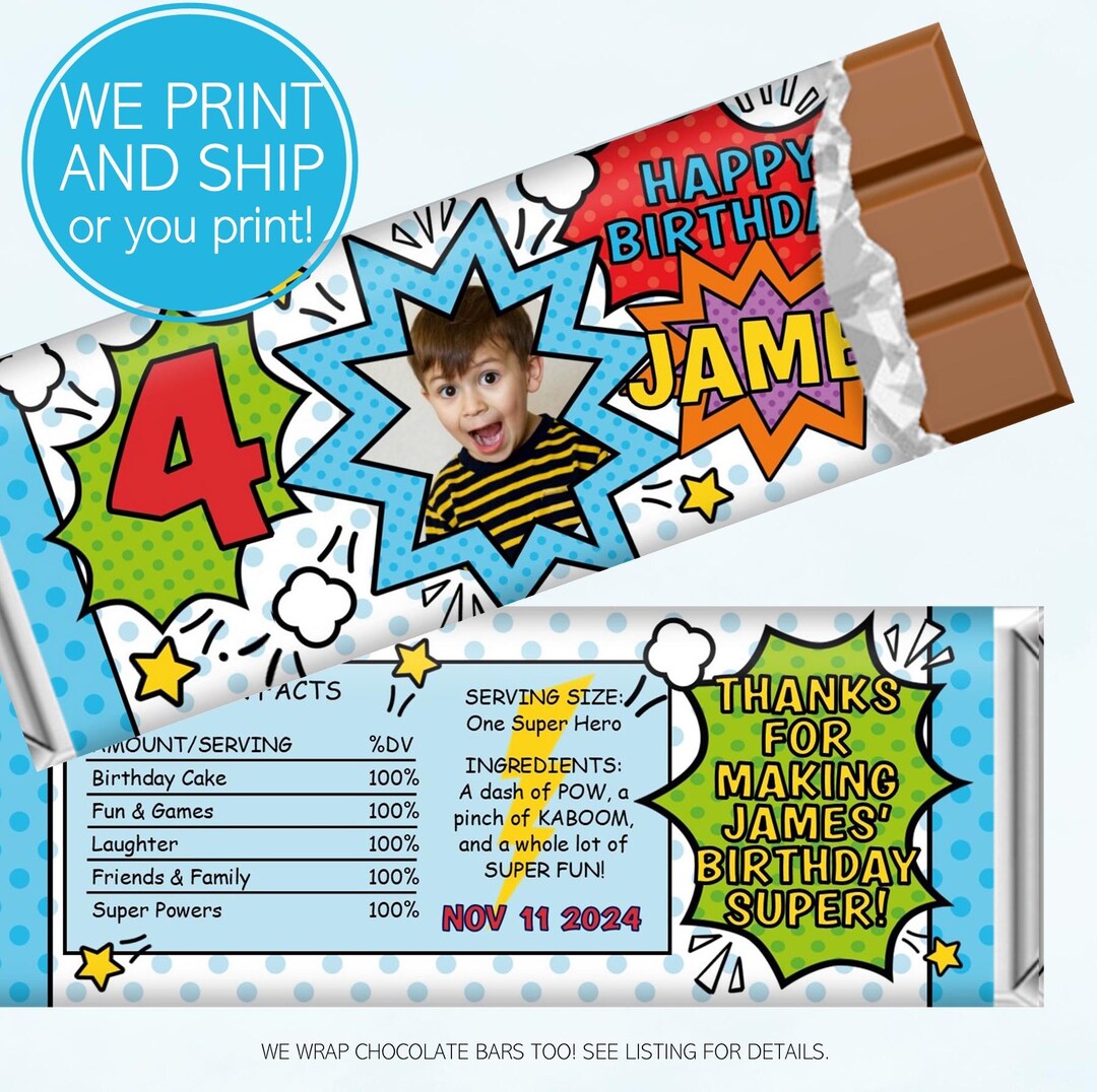 Super Hero Birthday Candy Bar Wrappers: Personalized Party Favors (DIY ...