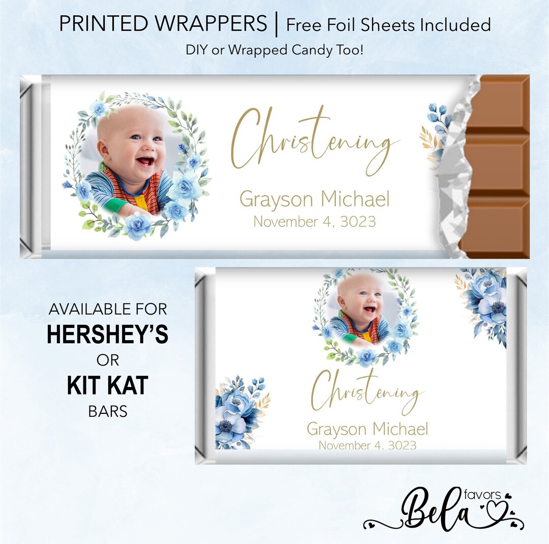Printed or DIY Candy Wrappers Photo Blue Floral Christening Baptism ...