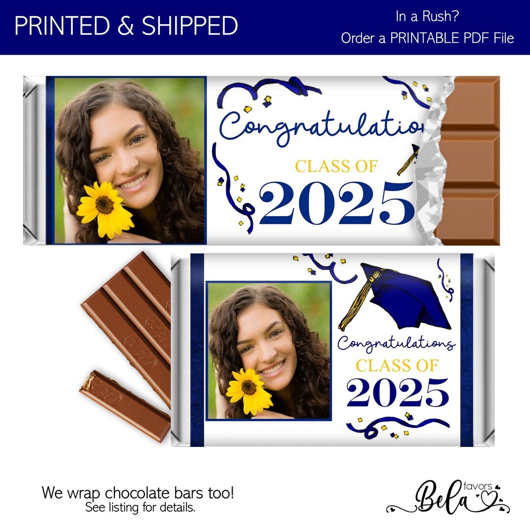 2025 Photo Blue and Gold Graduation Candy Wrappers | Graduation Party ...