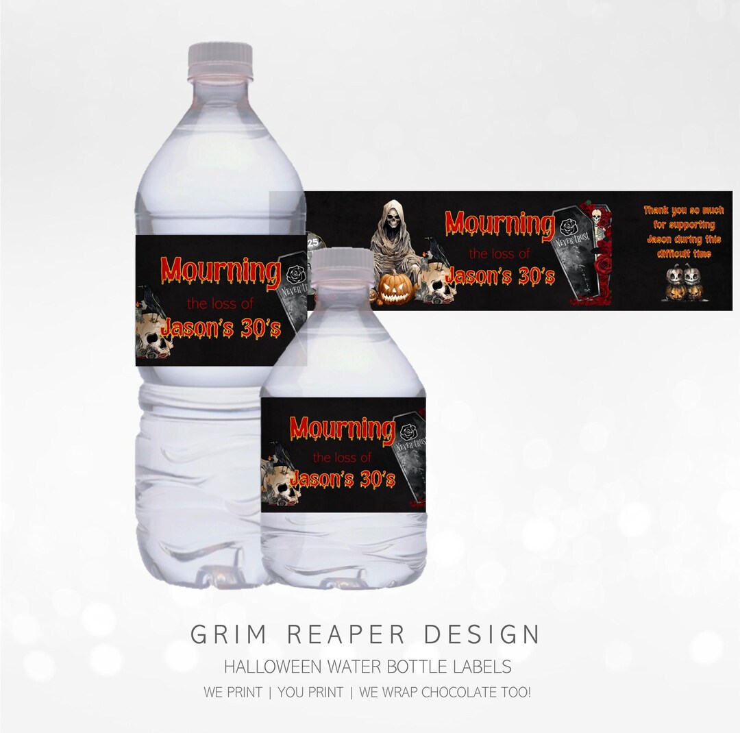 Halloween Men's Birthday Water Labels: Custom Grim Reaper Sticker Party ...