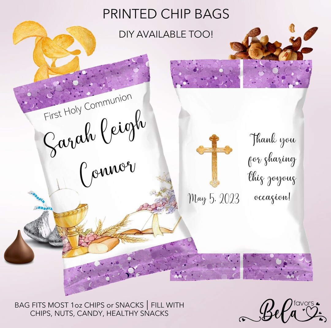 Printed or DIY First Holy Communion Custom Chip Bags Purple Chalice ...