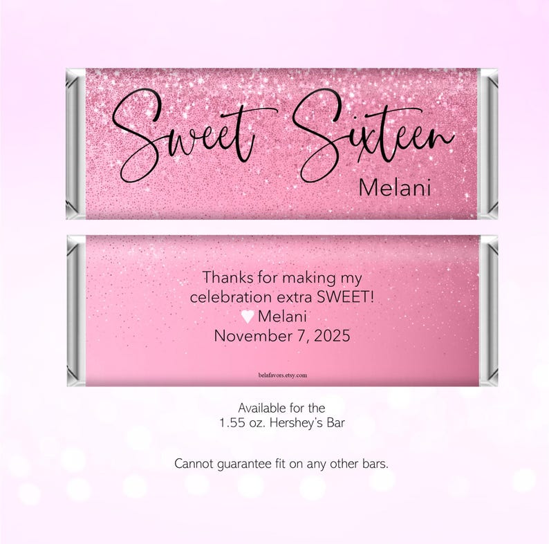 Printed Pink Sweet 16 Candy Wrapper: Personalized Chocolate Party Favor ...