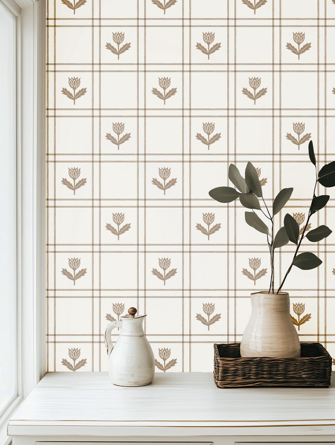 Modern Farmhouse Floral Plaid Wallpaper – Minimalist Double Windowpane ...
