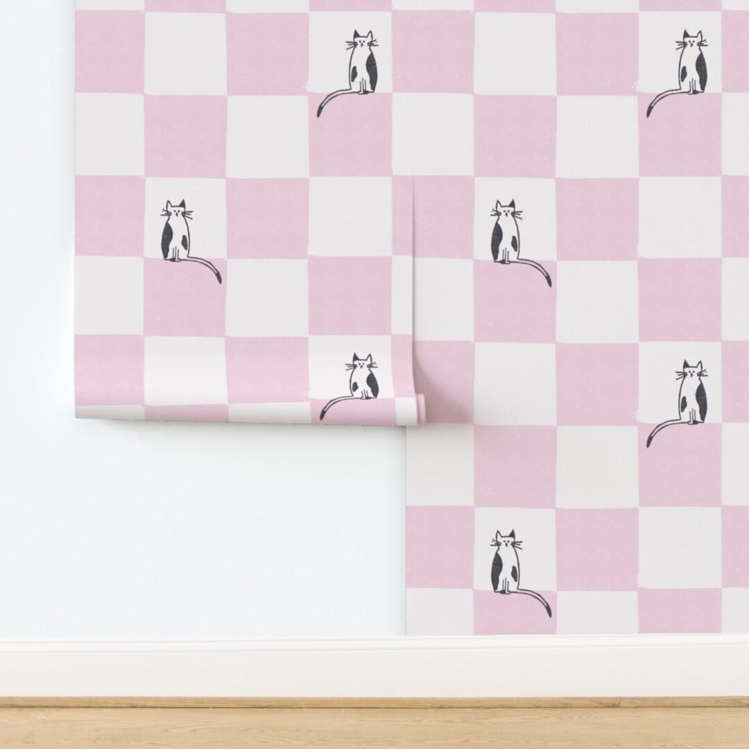 Cat Wallpaper – Pastel Pink Blockprint Checker Design | Peel and Stick ...