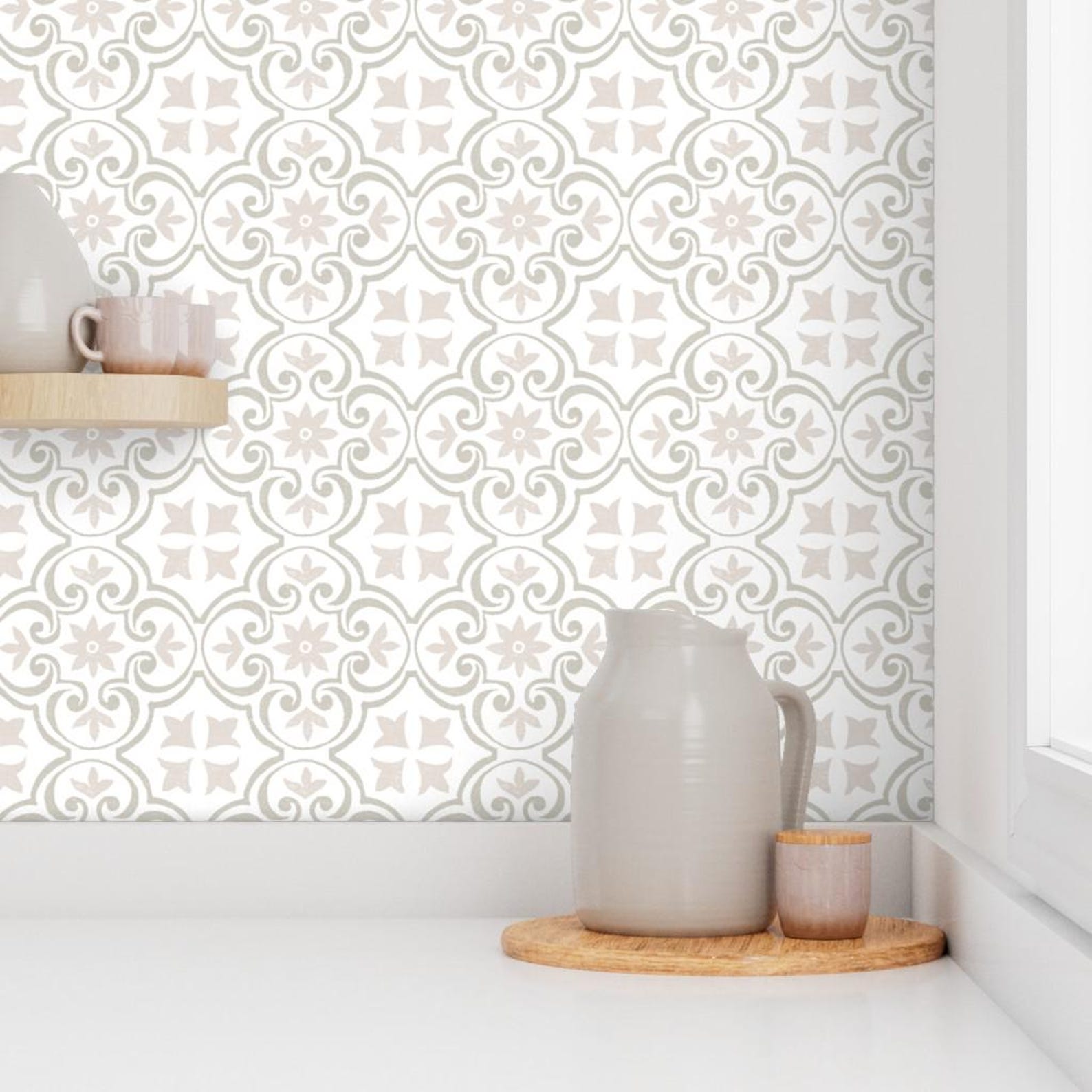 Mediterranean Tile Wallpaper – Neutral Beige Blockprint Peel & Stick ...