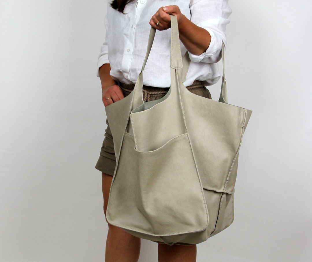 Leather Tote Purse Hobo Bag Minimalist Slouchy Hobo Purse Beige Leather ...