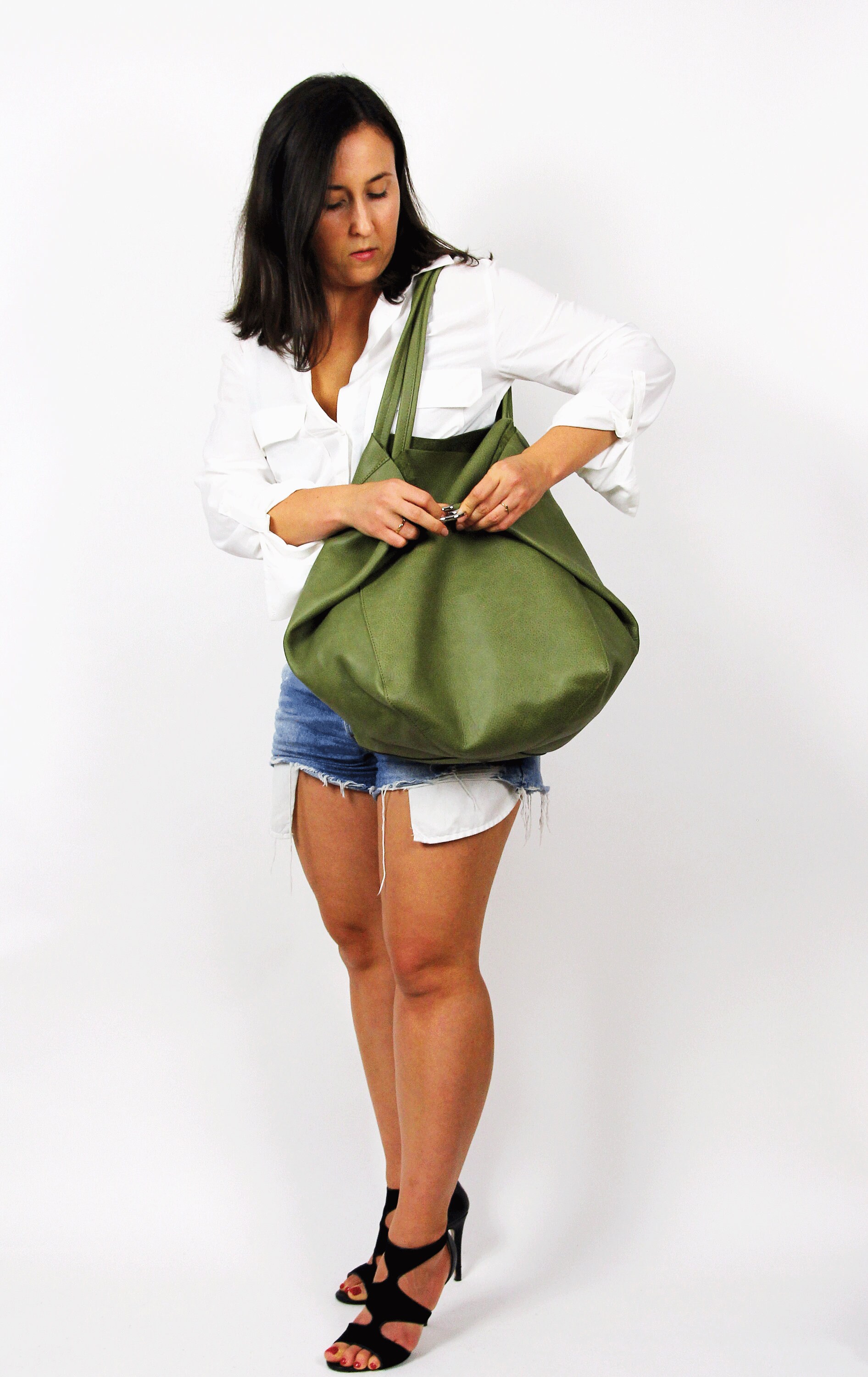LARGE LEATHER TOTE Shoulder Bag Green Slouchy Tote Green | Etsy