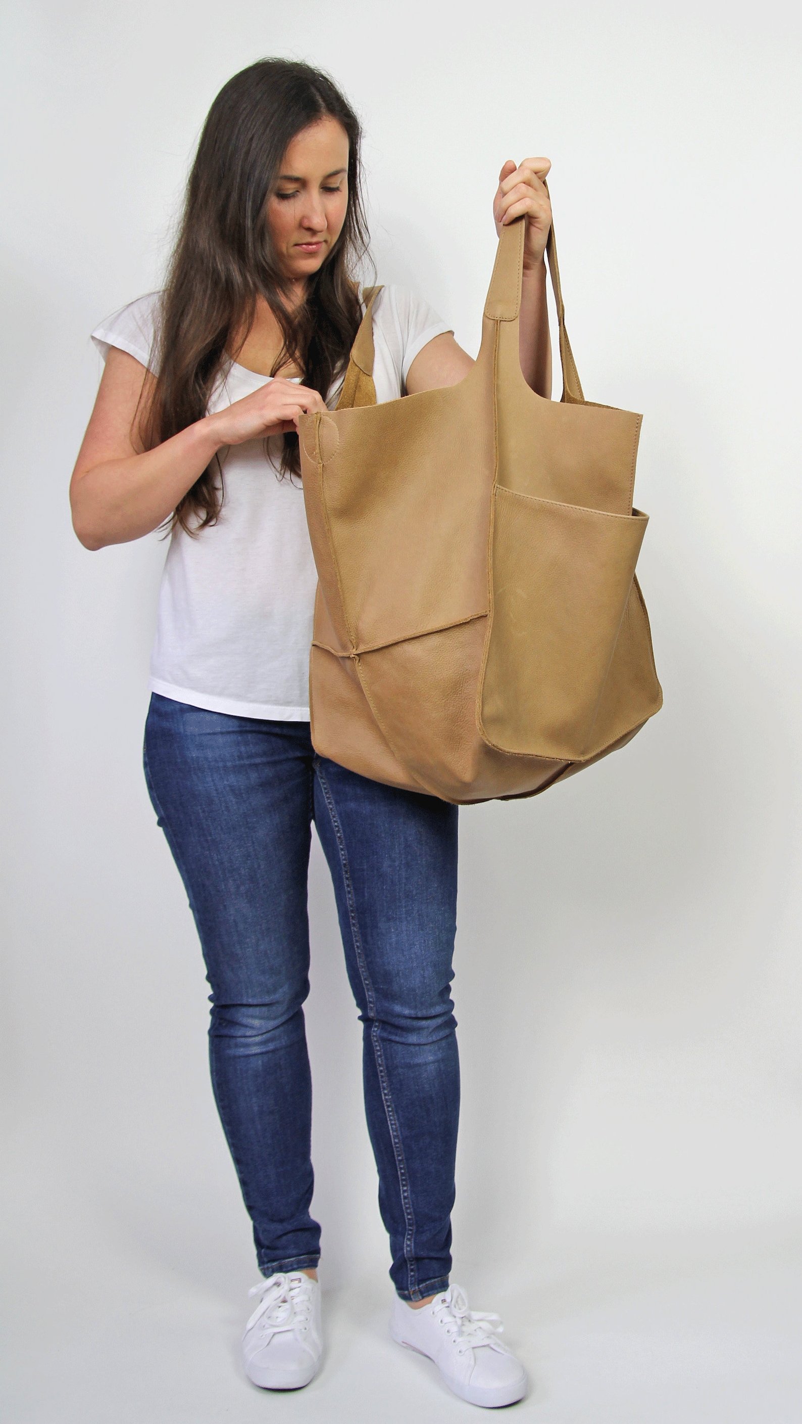 LARGE LEATHER TOTE Bag, Slouchy Tote, Tan Handbag for Women, Soft ...
