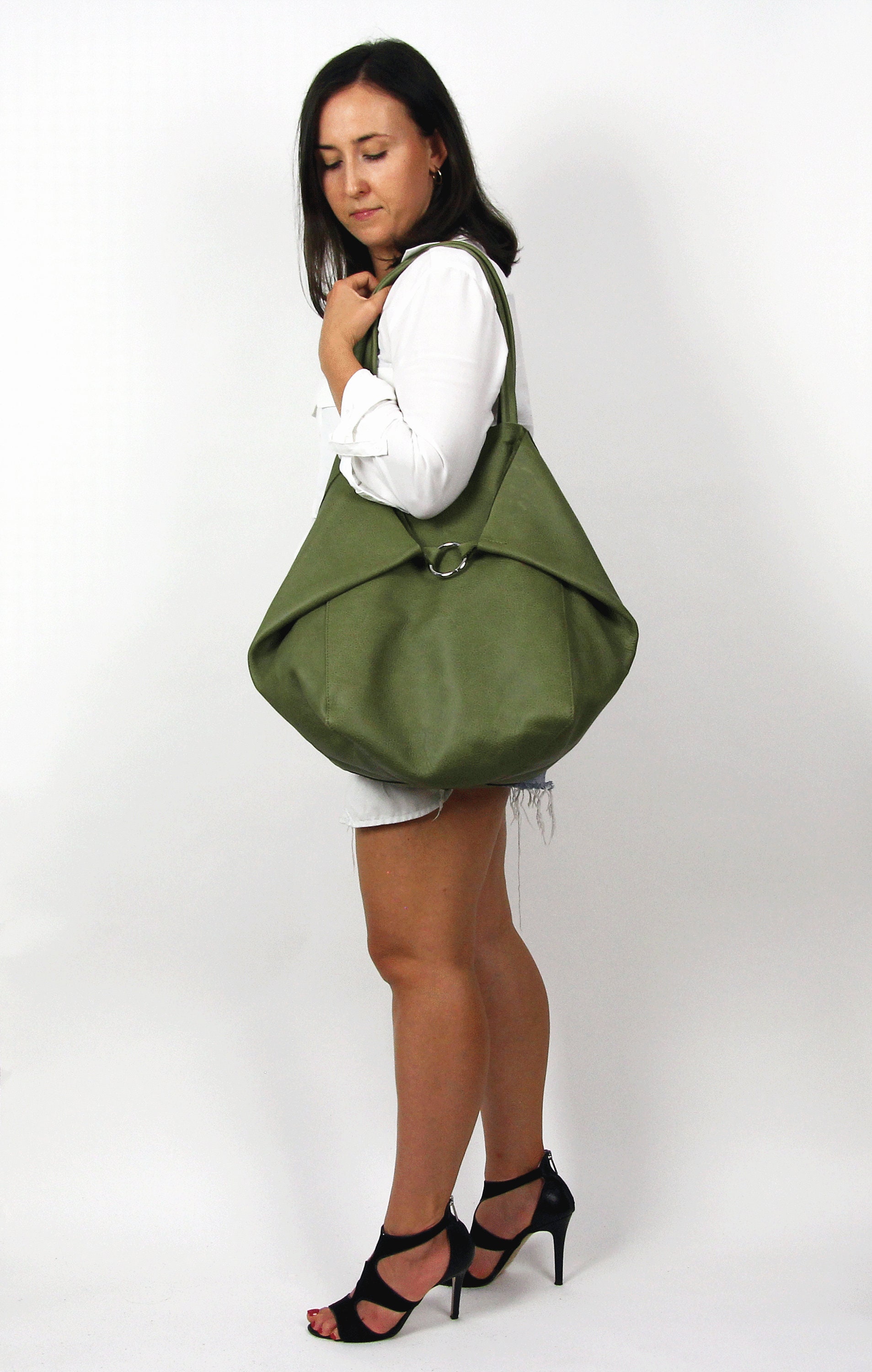 LARGE LEATHER TOTE Shoulder Bag Green Slouchy Tote Green | Etsy