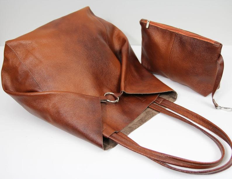 Cognac Brown grand sac en cuir Sac brun surdimensionné Sac - Etsy France
