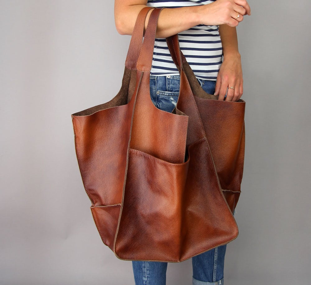 Weekender Oversized Bag Large Leather Tote Bag With Cosmetic | Etsy