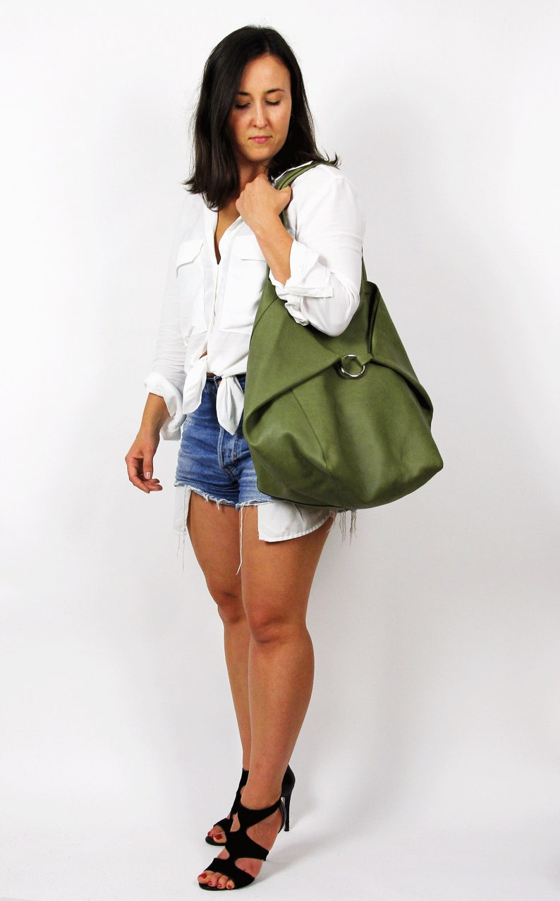 LARGE LEATHER TOTE Shoulder Bag Green Slouchy Tote Green | Etsy