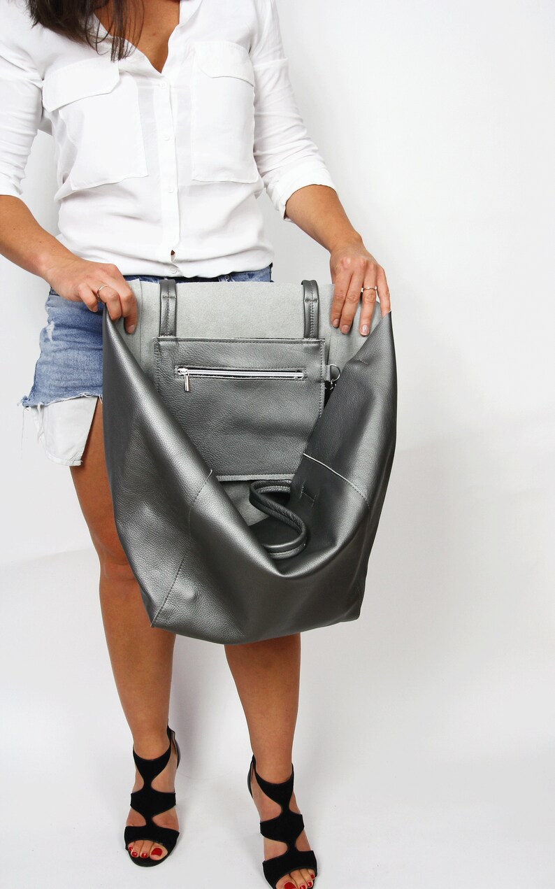 LARGE LEATHER TOTE Shoulder Bag Silver Slouchy Tote Bag Gray - Etsy