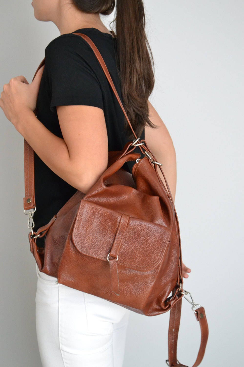 Leather Shoulder Bag LEATHER BACKPACK PURSE Brown Backpack | Etsy