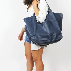 Navy Blue Oversized Bag Large Leather Tote Bag, Blue Slouchy Bag, Women ...