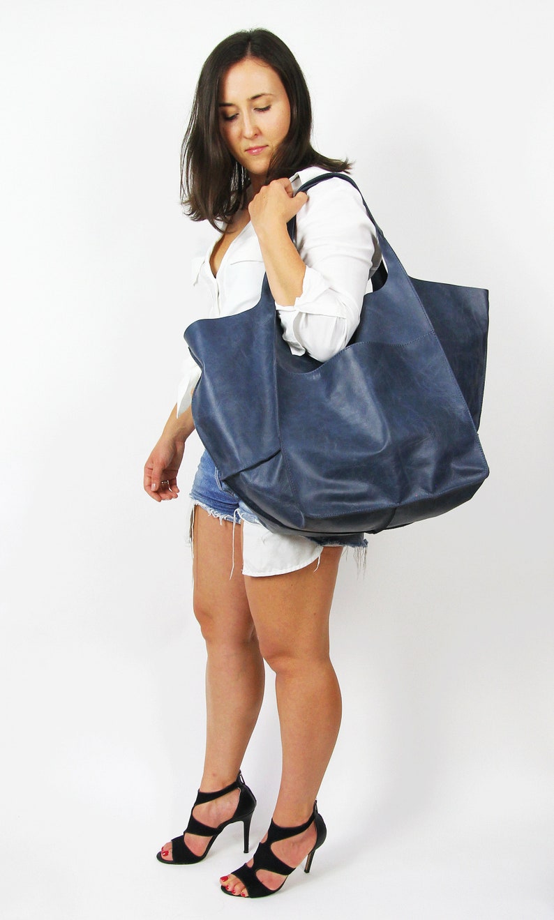 Navy Blue Oversized Bag Large Leather Tote Bag Blue Slouchy - Etsy