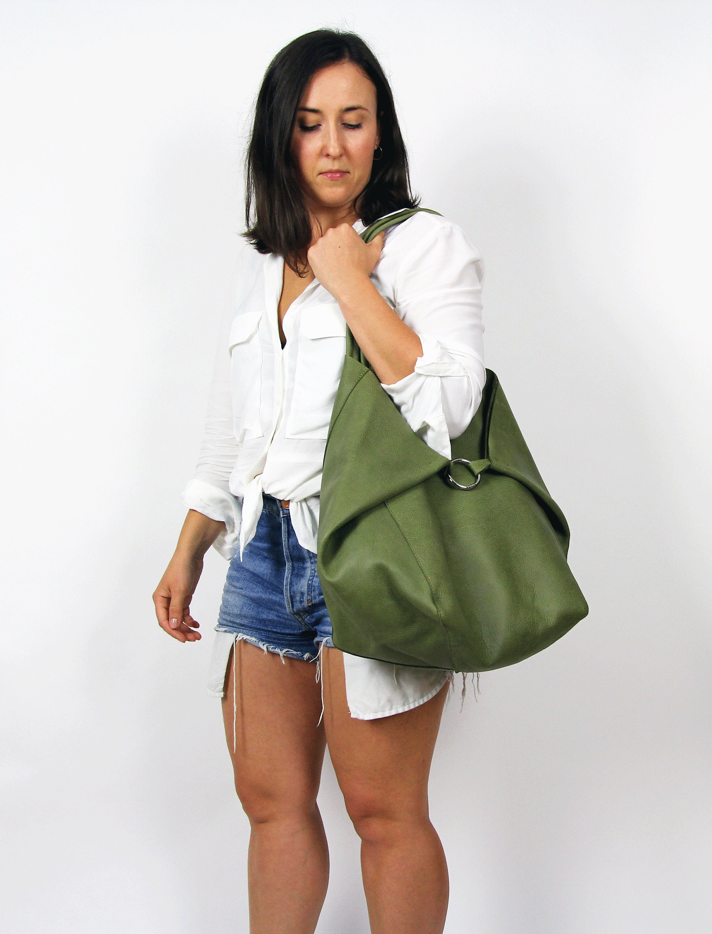 LARGE LEATHER TOTE Shoulder Bag Green Slouchy Tote Green | Etsy