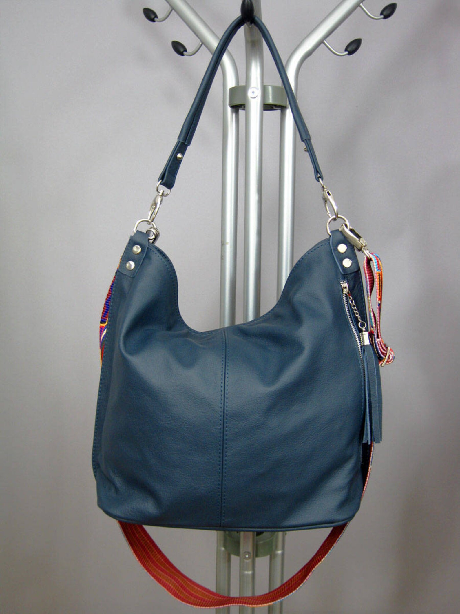 Navy Leather Hobo Bag, Aztec Strap Crossbody, Zipper Shoulder Bag - Etsy