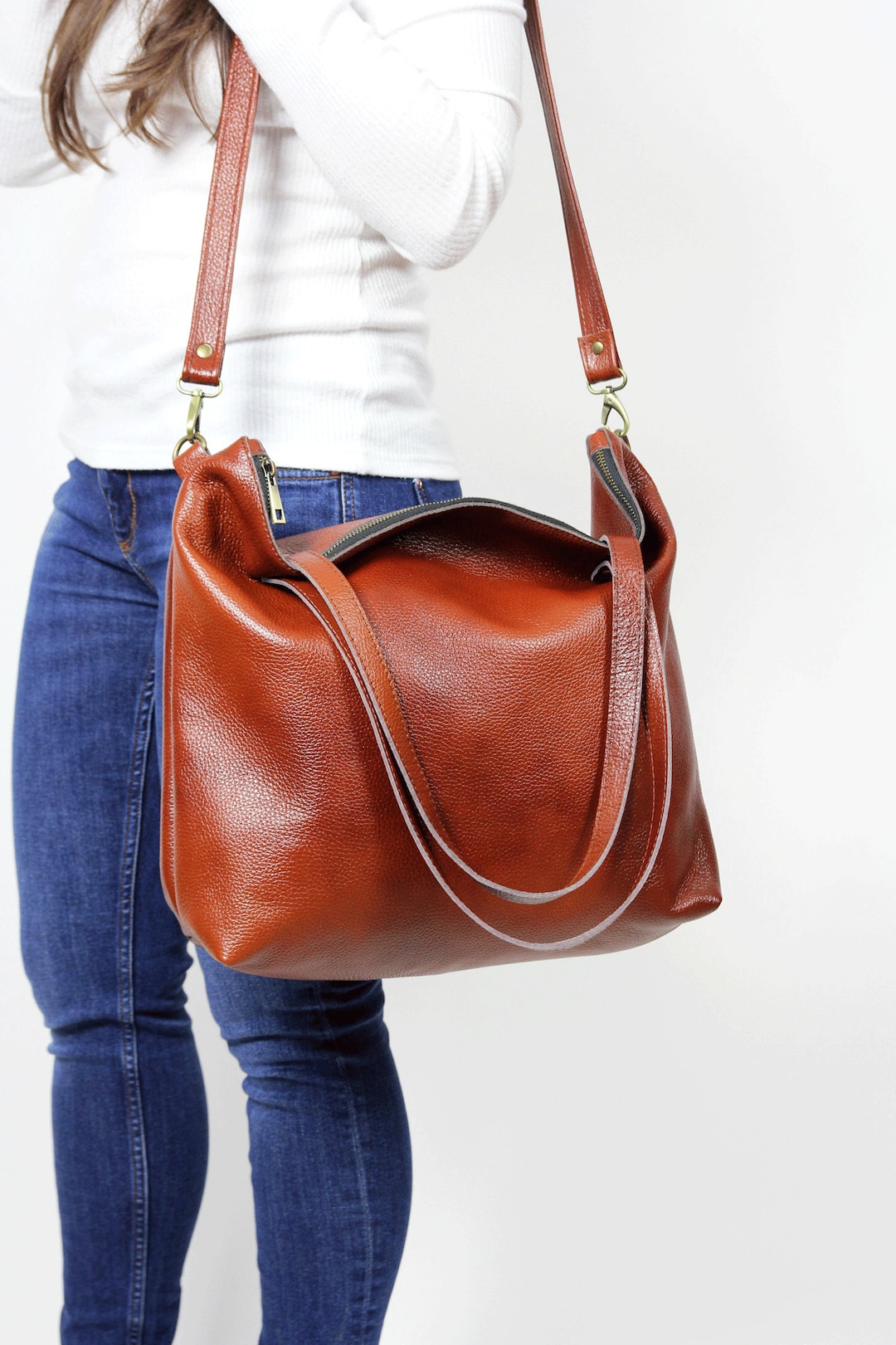 Brown Leather Crossbody Tote Bag, Zippered Everyday Handbag - Etsy