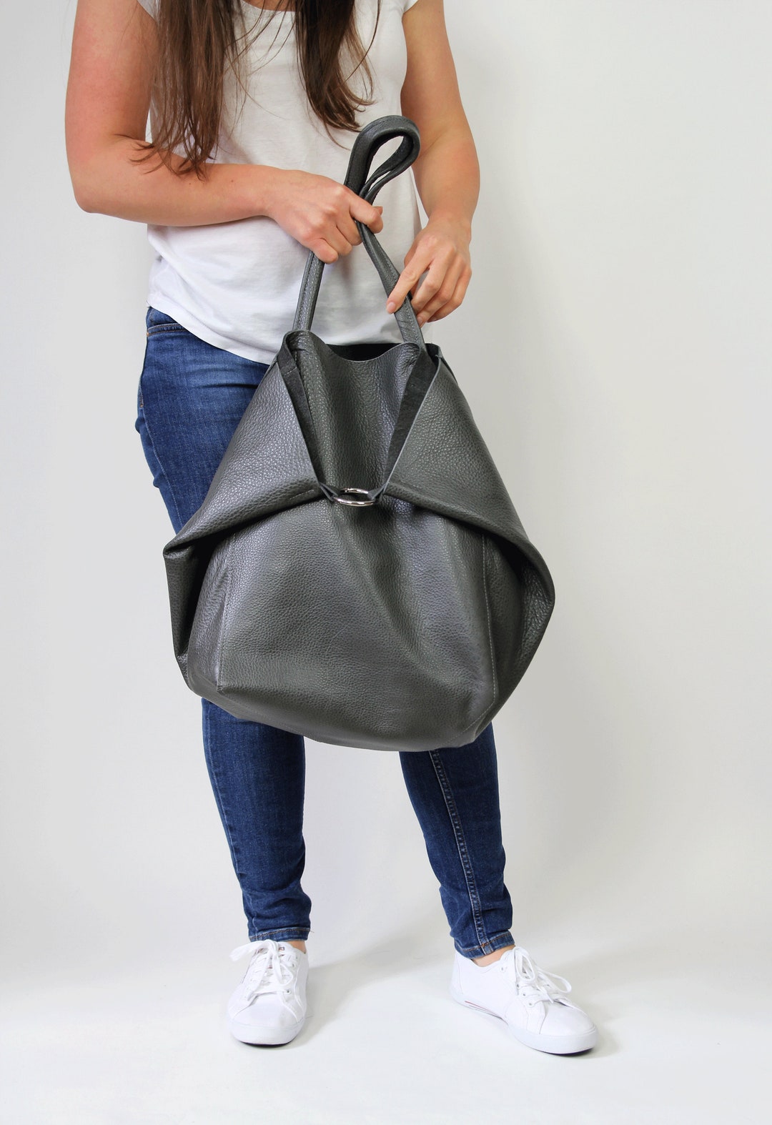Large Leather Shoulder Bag, Gray Slouchy Tote, Gray Leather Bag, Soft ...