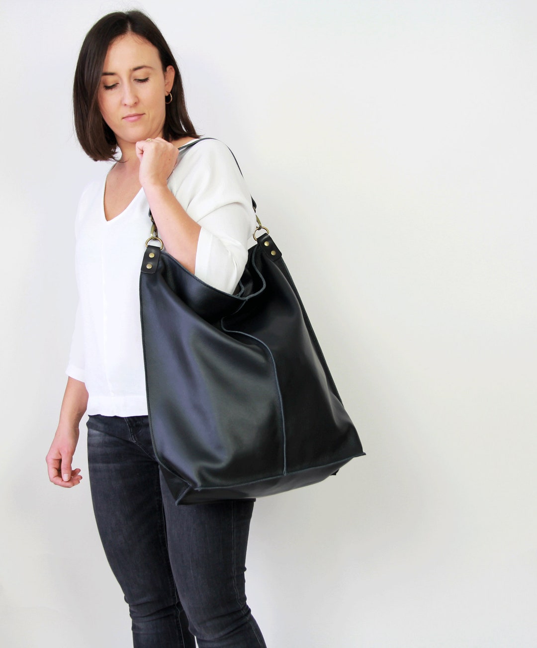 LARGE LEATHER Bag Black Shoulder Bag, Hobo Bag, Black Slouchy Hobo ...