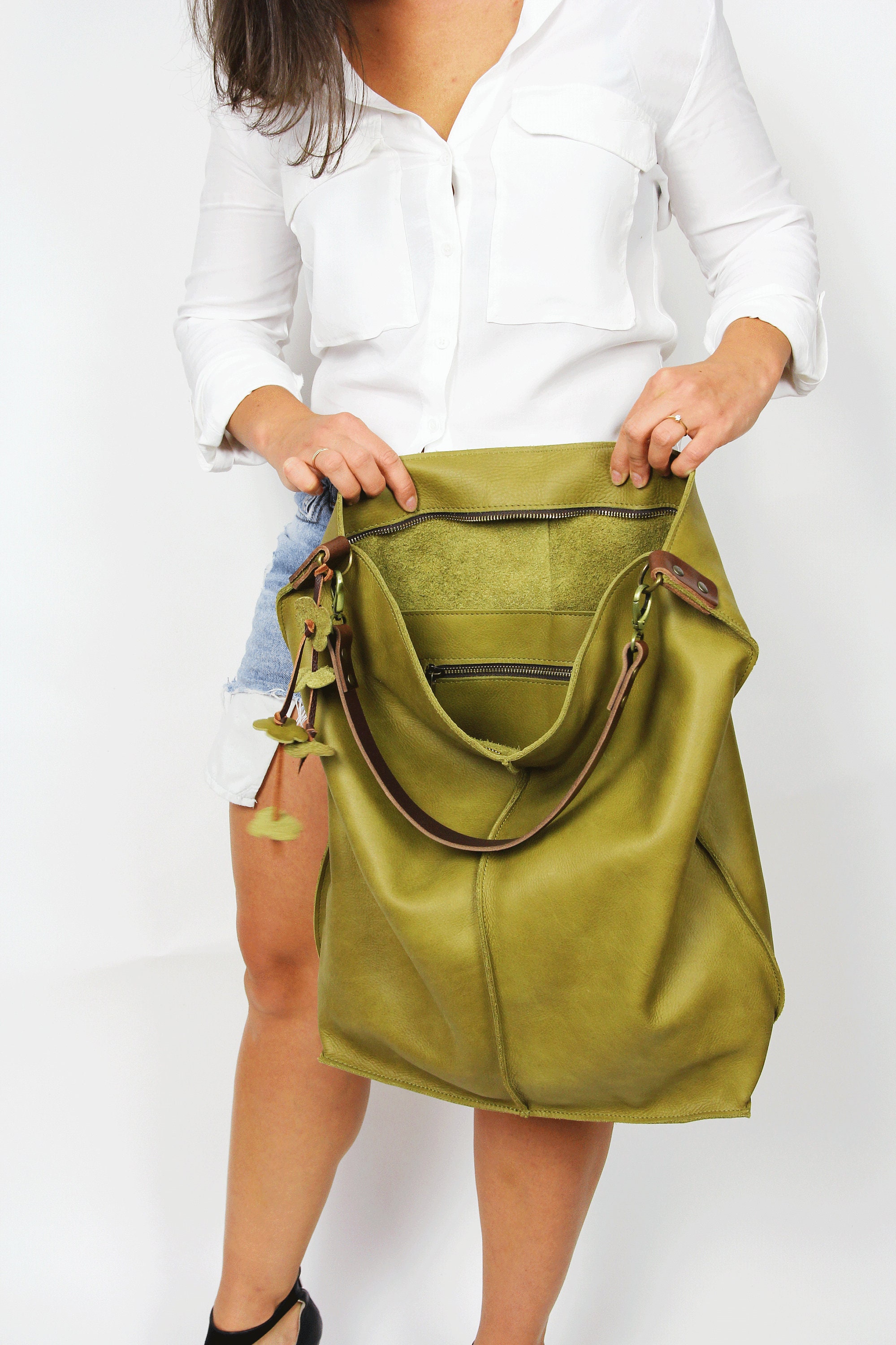 LARGE LEATHER Bag Green Shoulder bag Hobo bag Green | Etsy