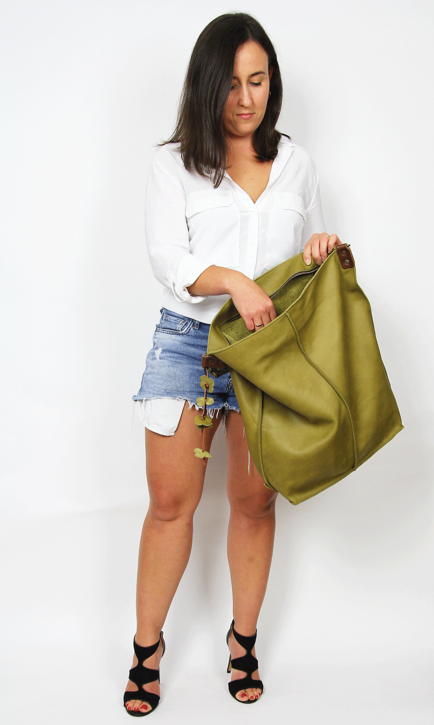 LARGE LEATHER Bag Green Shoulder bag Hobo bag Green | Etsy